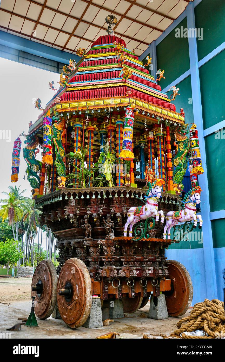 Large wooden chariot (ther) at the Ayyanar Kovil (Aiyanar temple) on ...