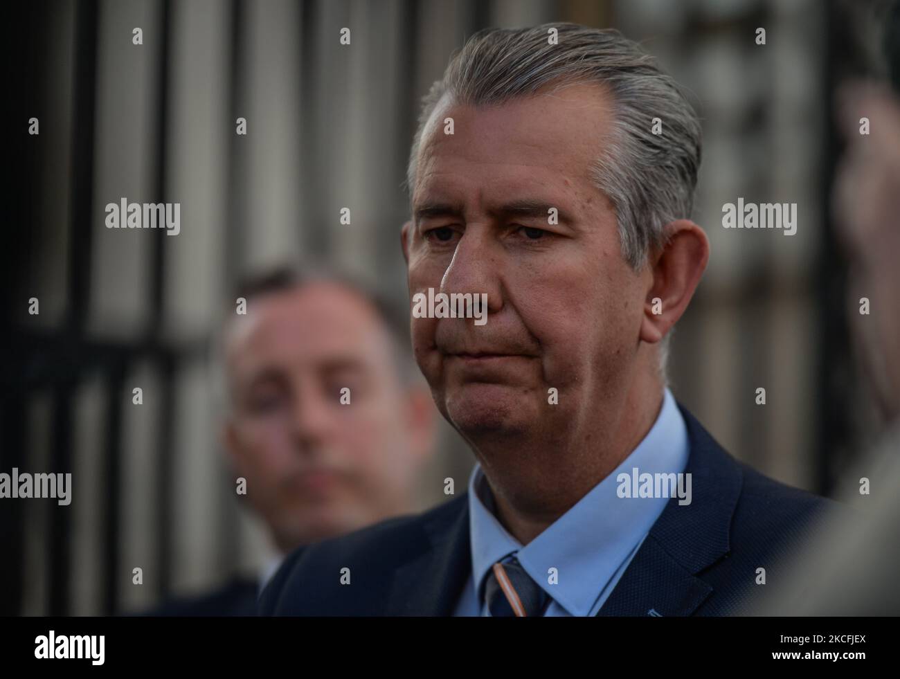 DUP Leader Edwin Poots speaking to the media outside Government ...