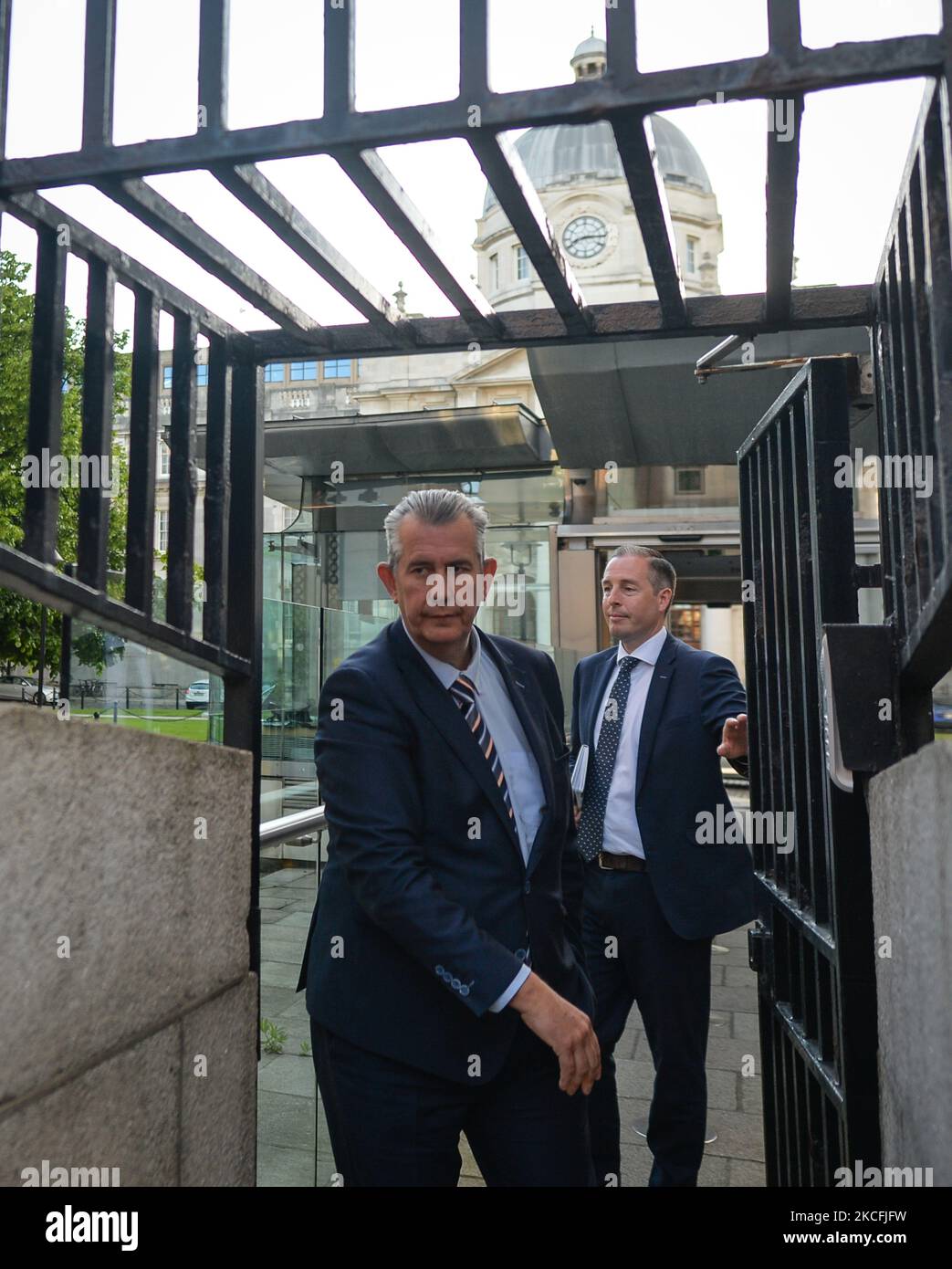 DUP Leader Edwin Poots (L) and Paul Givan leave Government Buildings in ...