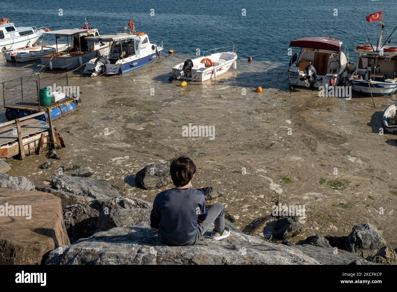 The surface of the Marmara Sea covered with sea snot (or mucilage) seen ...