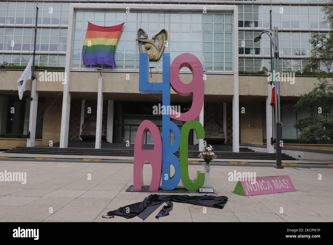 View of an anti-monument and a black ribbon in memory of the 49 ...