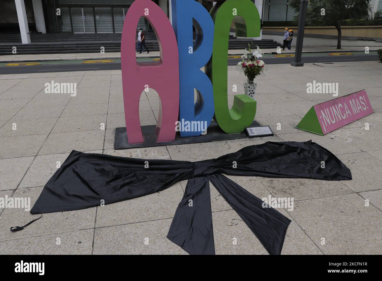 View of an anti-monument and a black ribbon in memory of the 49 ...