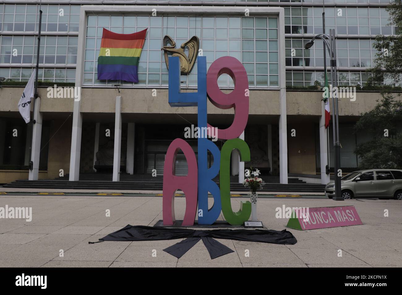 View of an anti-monument and a black ribbon in memory of the 49 ...