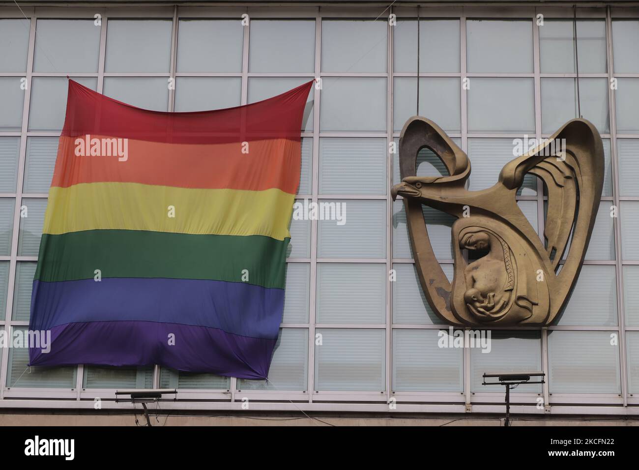 View of a LGBTTTIQA pride flag placed outside the Mexican Social ...