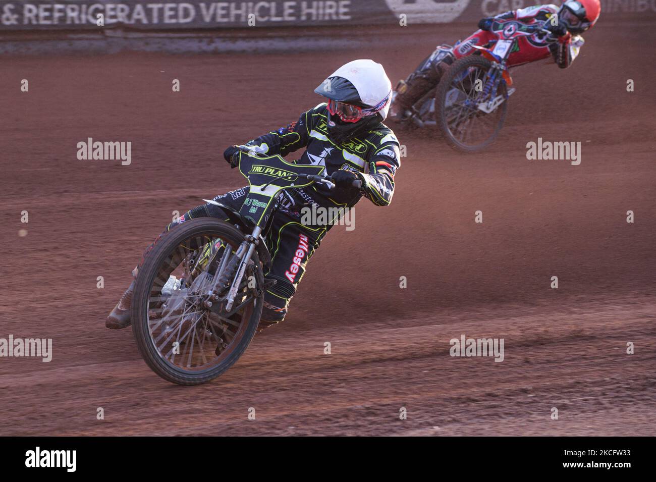 Danny King (White) leads Brady Kurtz (Red) during the SGB Premiership ...