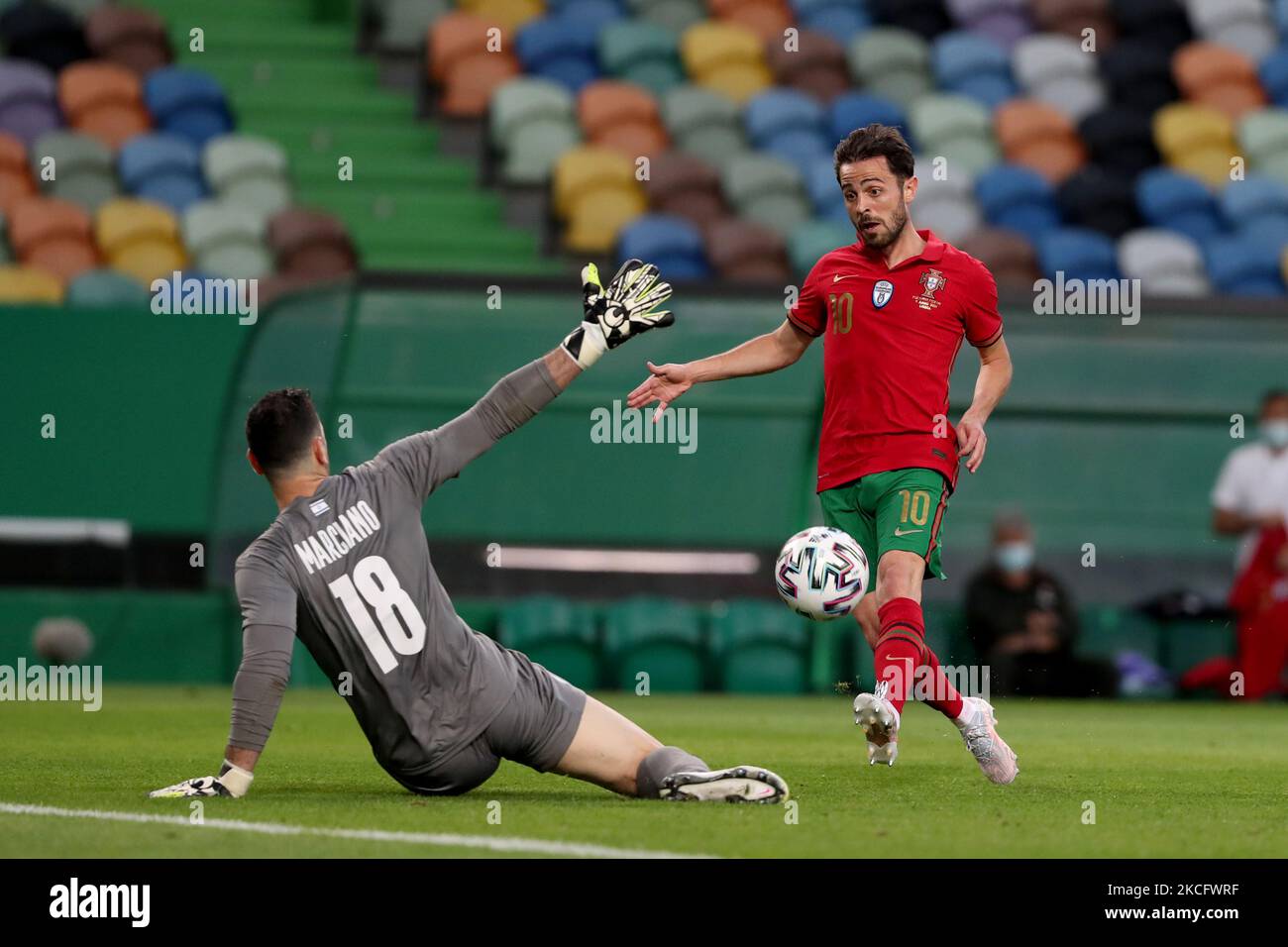Bernardo Silva of Portugal (R ) vies with Israel's goalkeeper Ofir ...