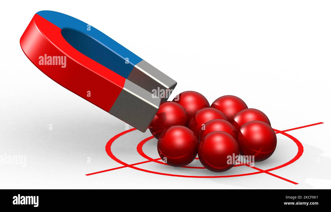 Magnet attracts red metal balls isolated, 3d rendering Stock Photo - Alamy