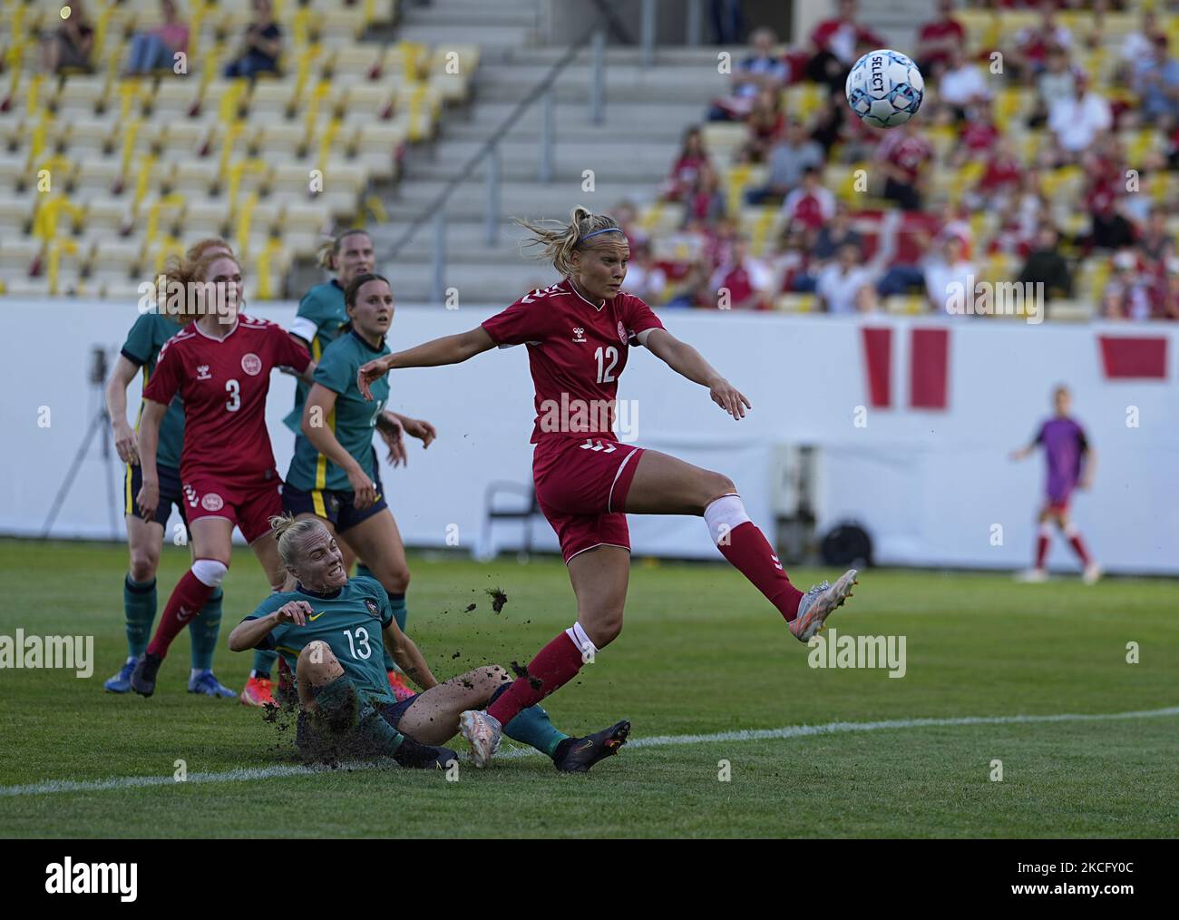 Australia’s Tameka Yallop scoring in her own net in front of Denmark’s ...