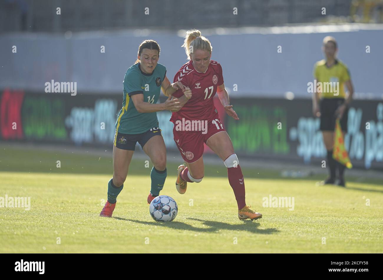 Denmark’s Rikke Marie Madsen and Australia's Hayley Raso during the ...