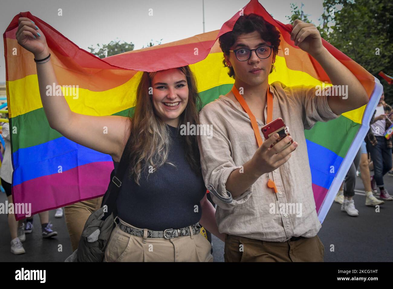 Two people marching on the streets during the annual Sofia LGBT Pride ...