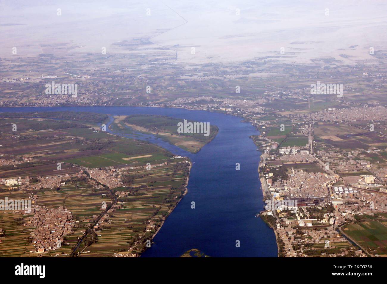 An aerial view of the River Nile valley pictured through the window of ...