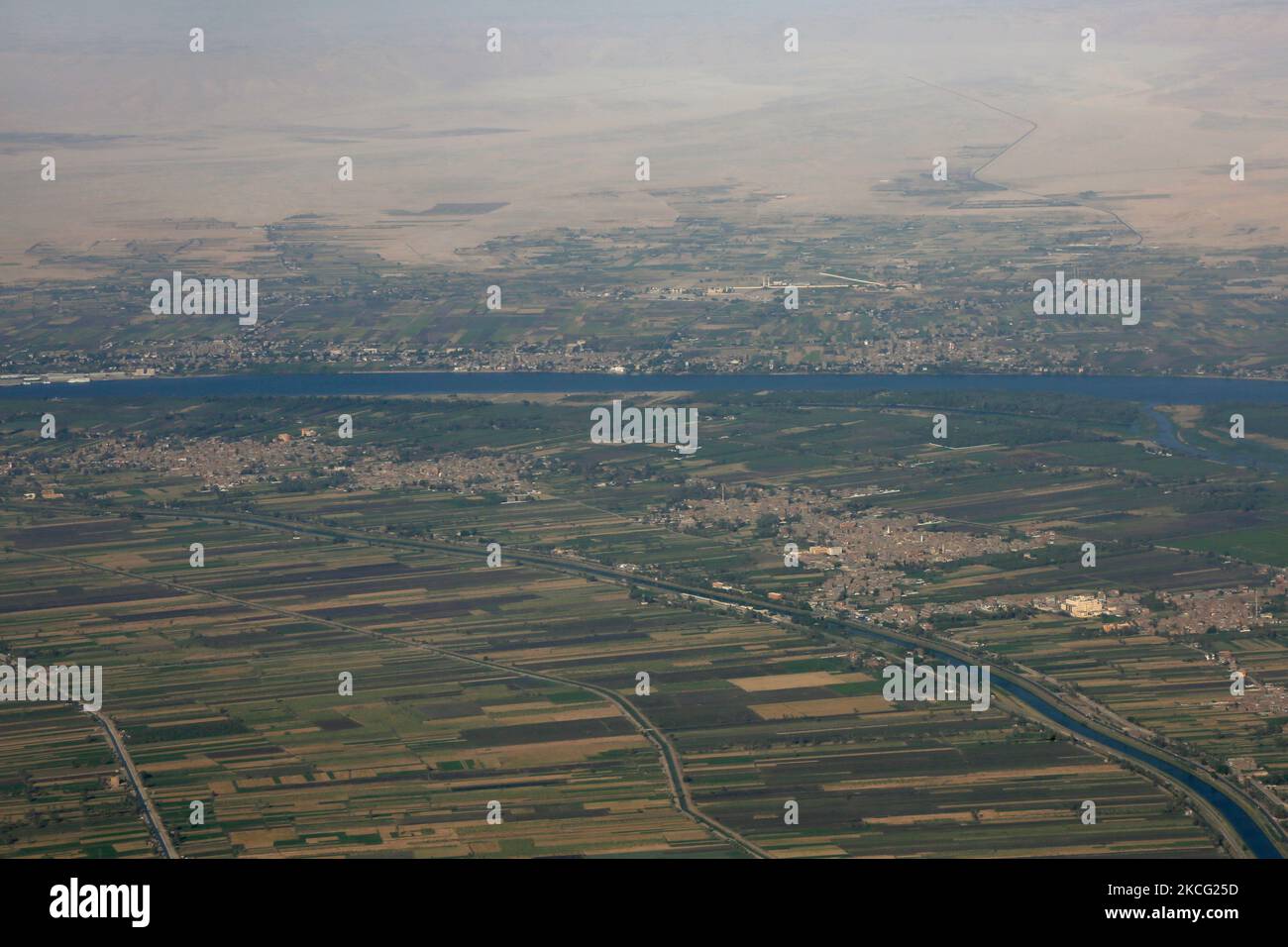 An aerial view of the River Nile valley pictured through the window of ...