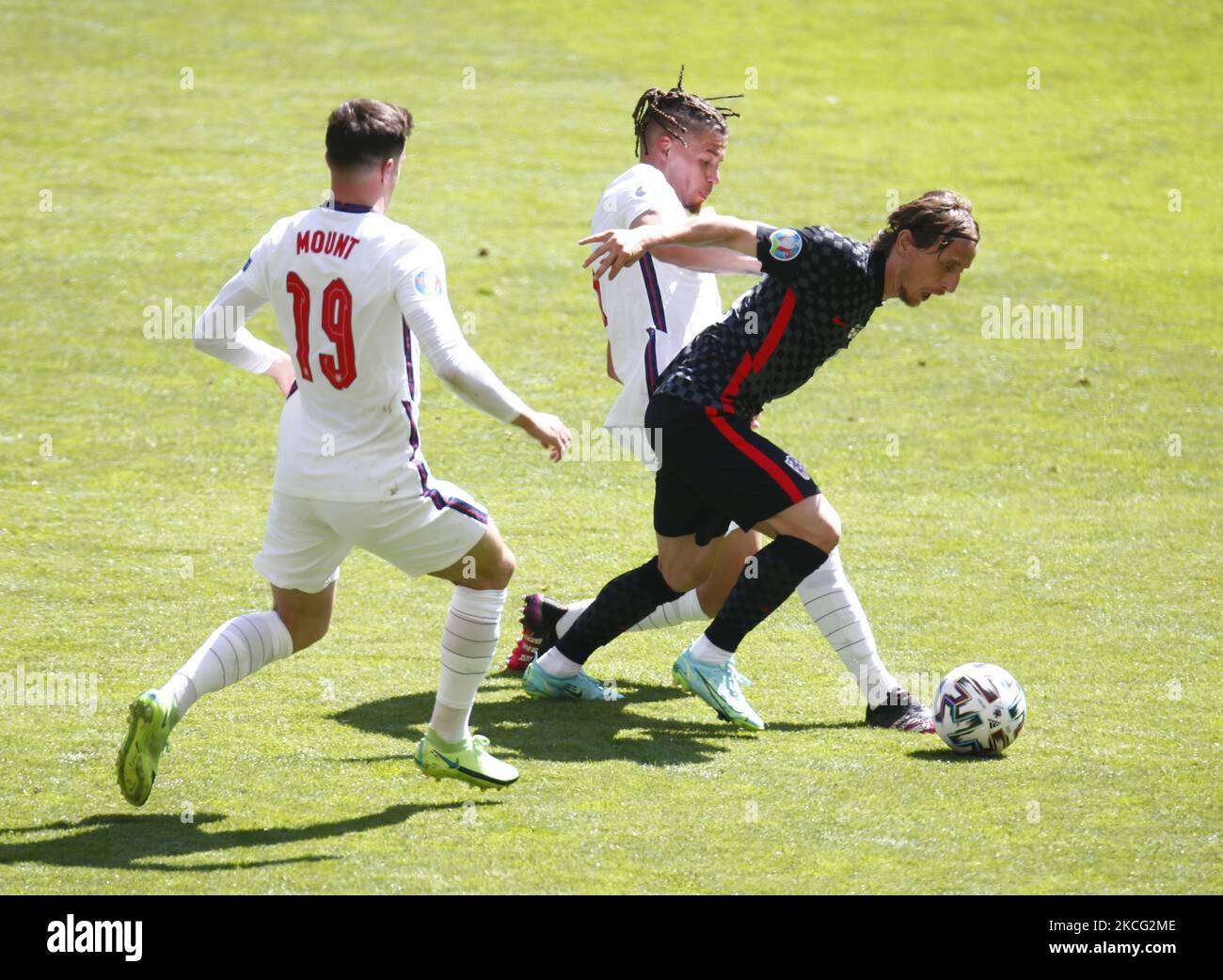 WEMBLEY, United Kingdom, JUNE 13: Luka Modric of Croatia under pressure ...