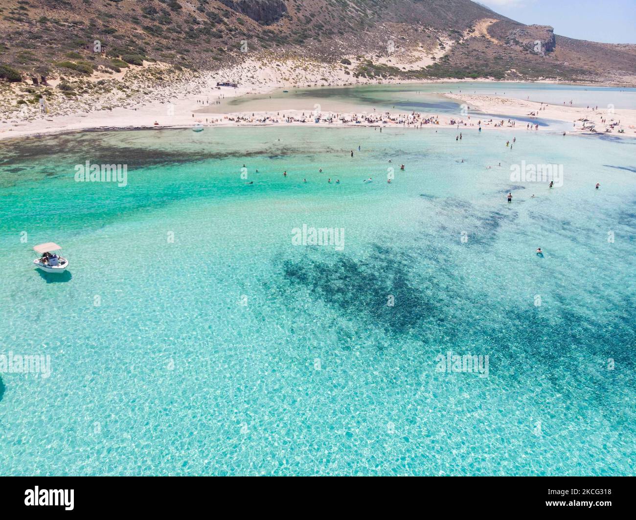 Aerial view from a drone of Balos Beach, the incredible lagoon with the ...