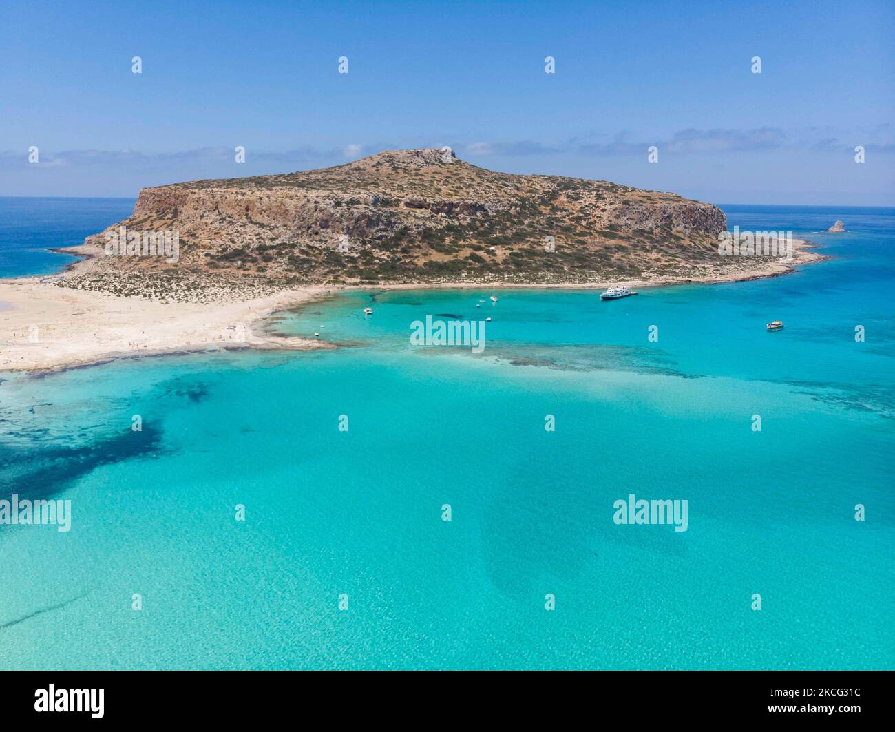 Aerial view from a drone of Balos Beach, the incredible lagoon with the ...