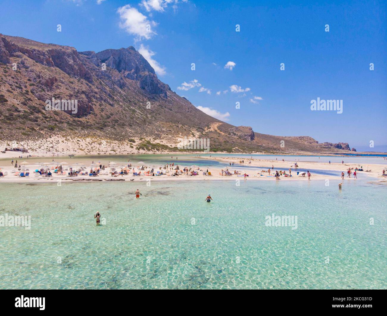 Aerial view from a drone of Balos Beach, the incredible lagoon with the ...