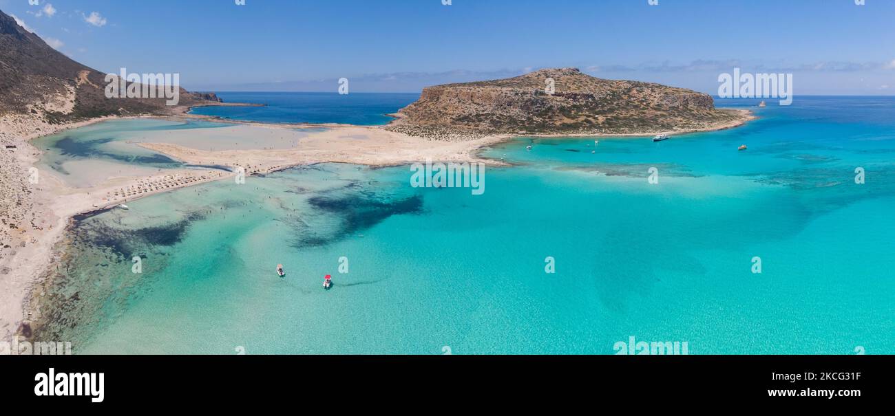 Aerial view from a drone of Balos Beach, the incredible lagoon with the ...