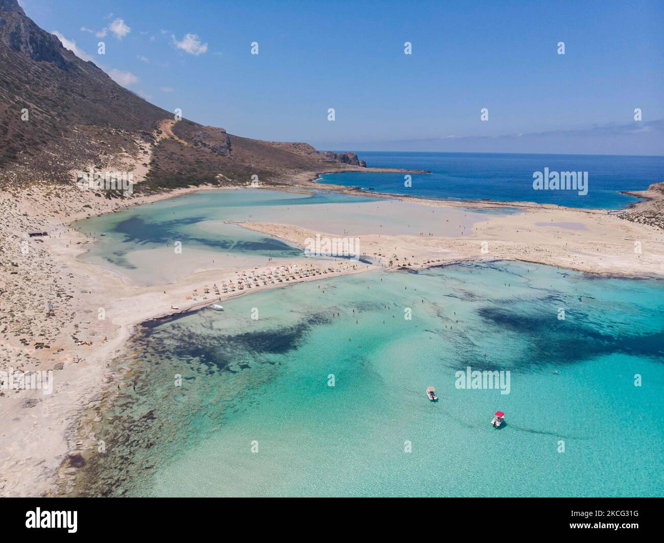 Aerial view from a drone of Balos Beach, the incredible lagoon with the ...