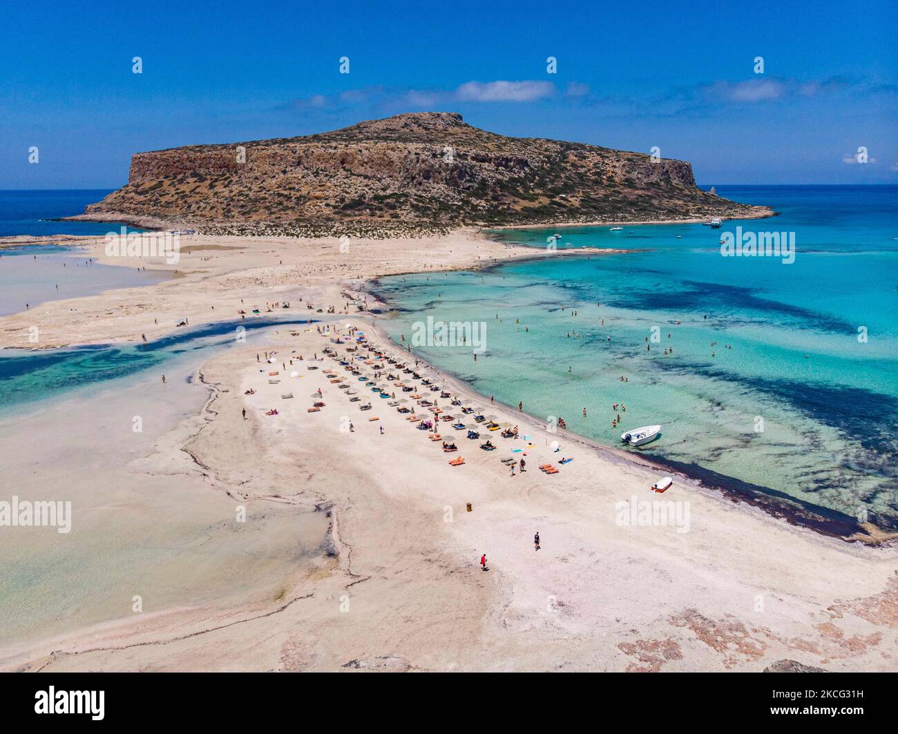 Aerial view from a drone of Balos Beach, the incredible lagoon with the ...