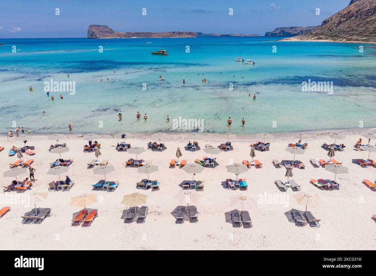 Aerial view from a drone of Balos Beach, the incredible lagoon with the ...
