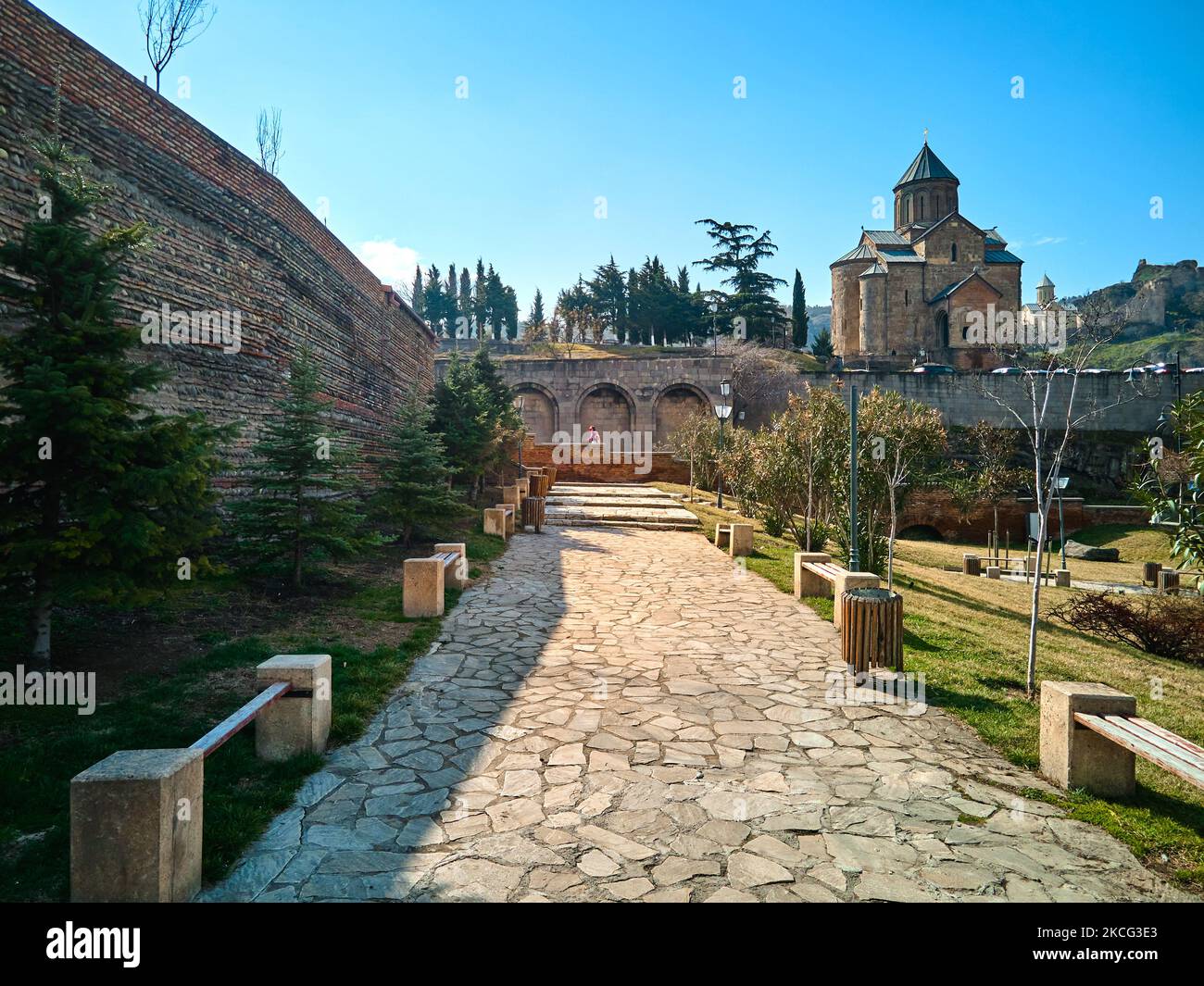historical metekhi temple on a hill in the center of old Tbilisi ...