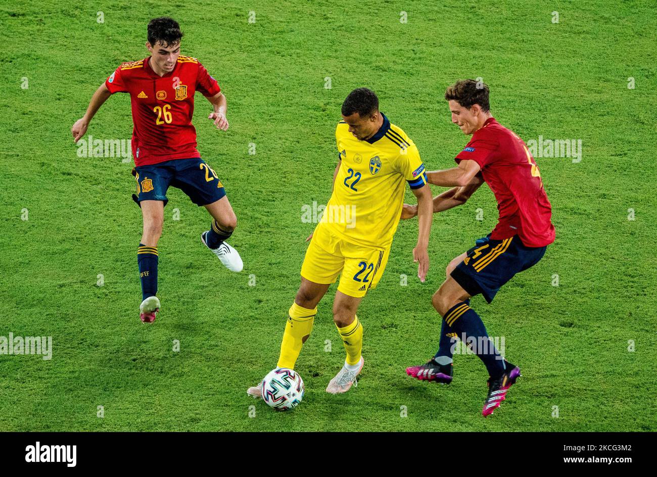 Robin Quaison, Pedri and Pau Torres during the match between Spain and ...
