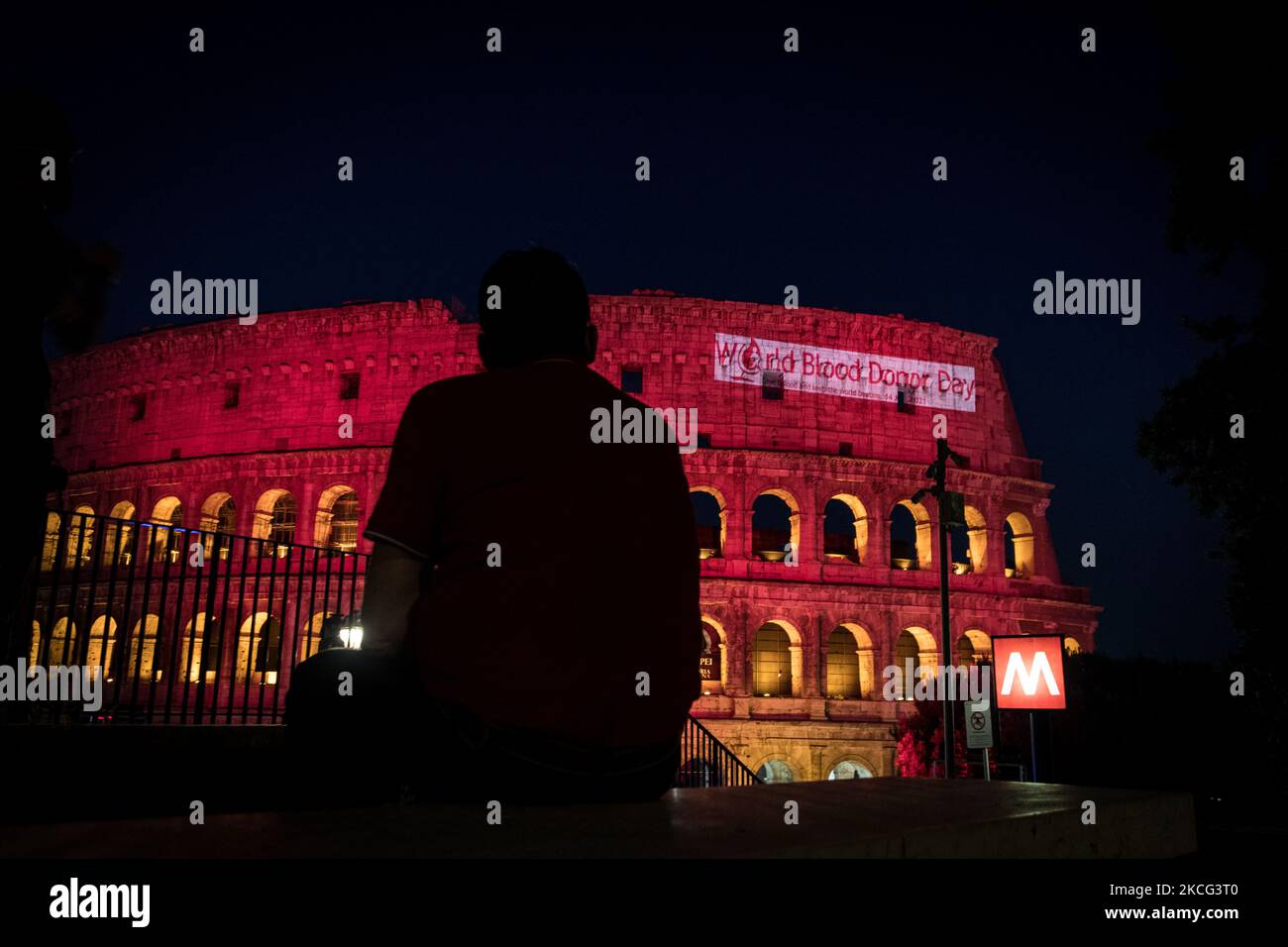 A view of the Colosseum during the World Blood Donor Day in Rome, Italy ...
