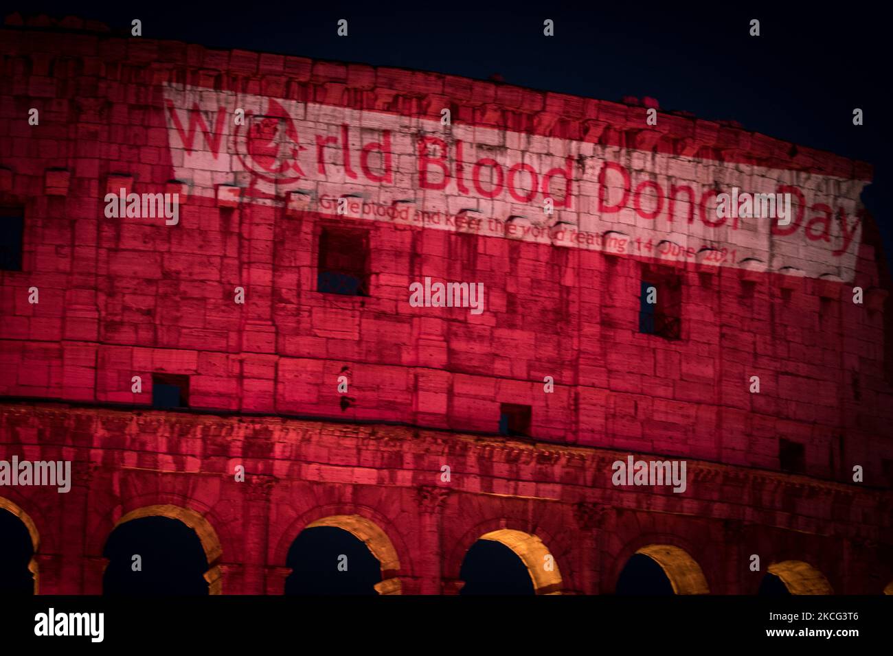 A view of the Colosseum during the World Blood Donor Day in Rome, Italy ...