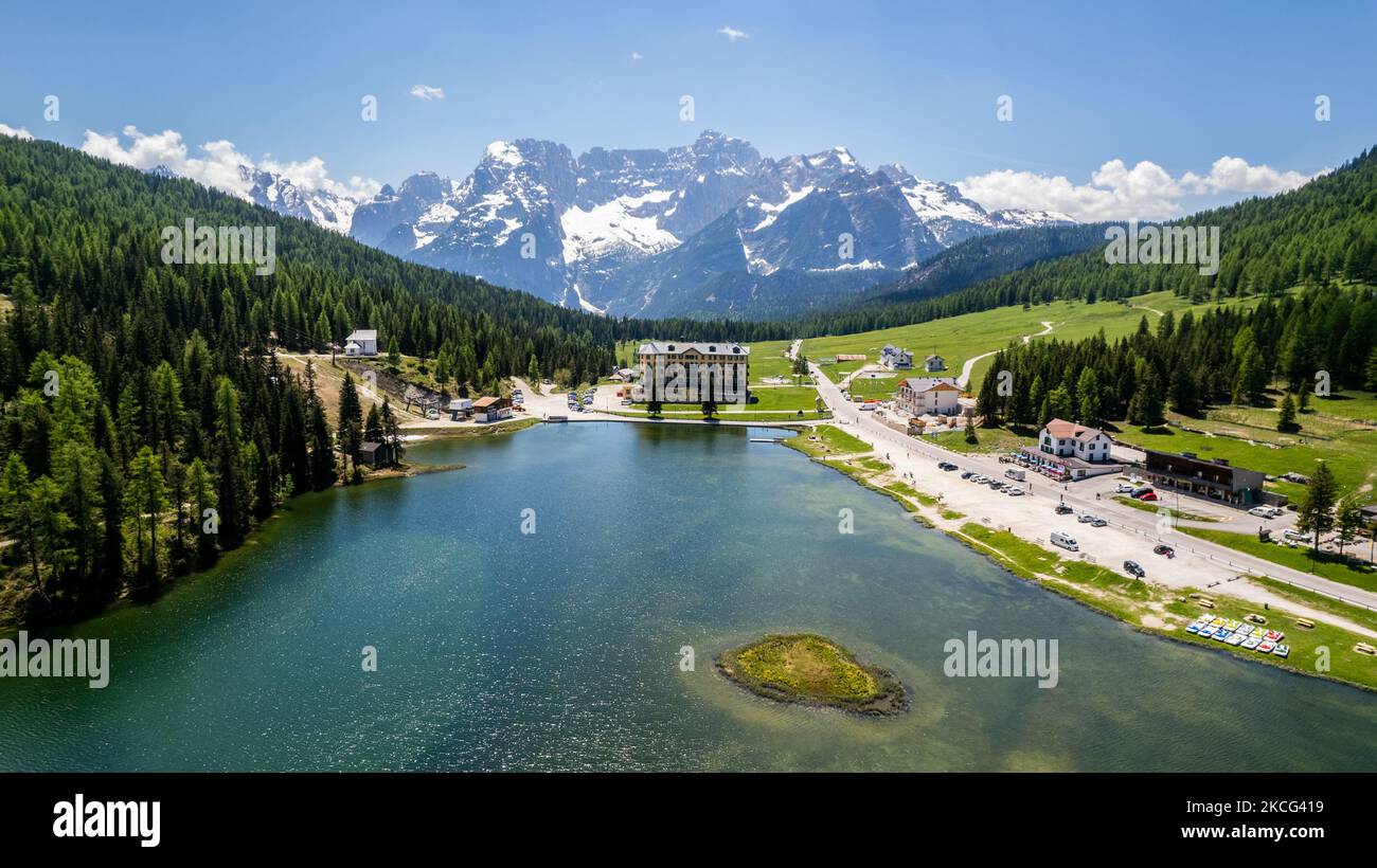 A drone view of Misurina Lake, in Misurina, Italy, on June 15, 2021 ...
