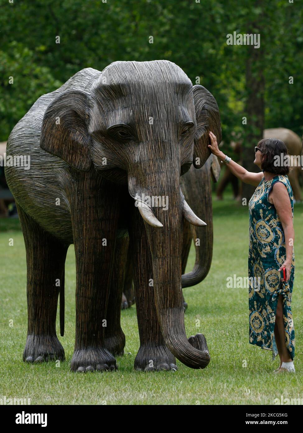 A woman strokes one of the life-size sculptures of a herd of Asian ...