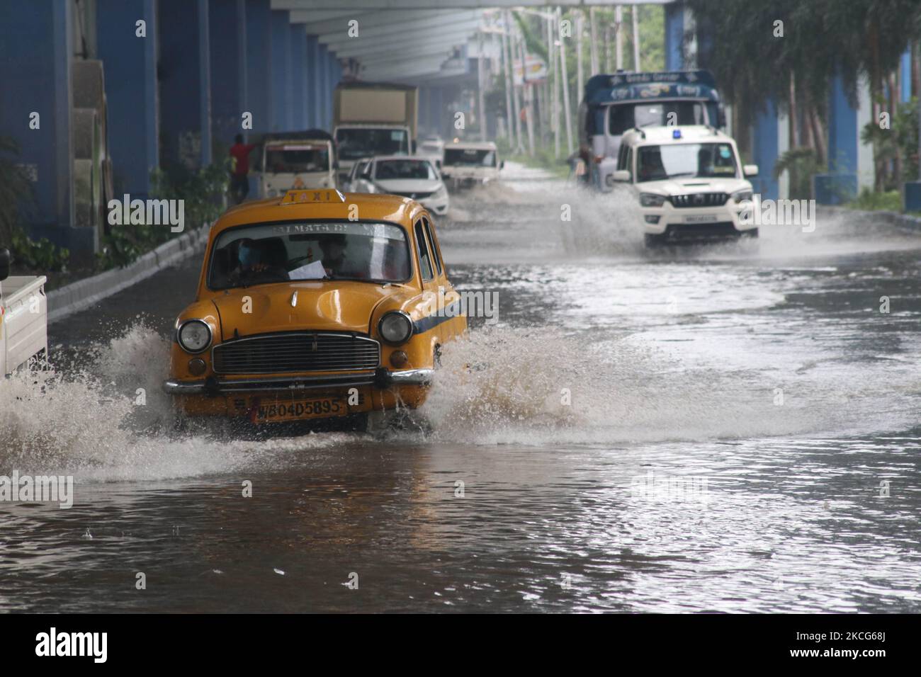 A flooded street at the Heavy monsoon rains in Kolkata on June 17,2021 ...