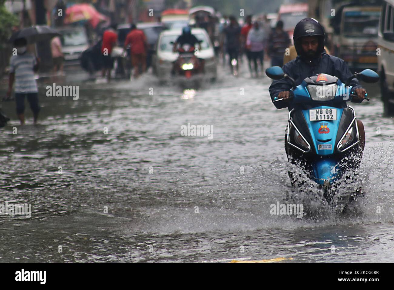 A flooded street at the Heavy monsoon rains in Kolkata on June 17,2021 ...