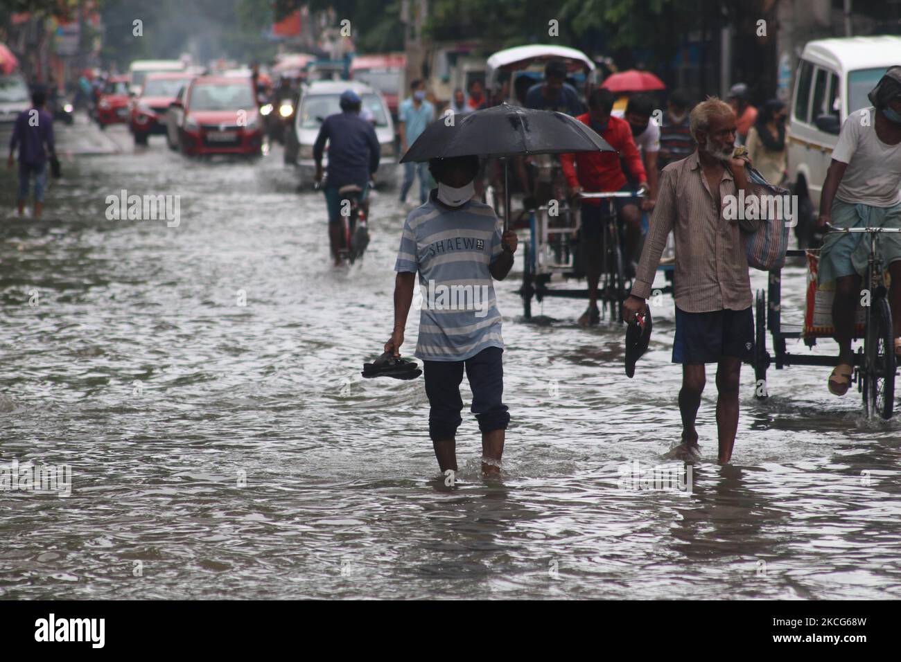 A flooded street at the Heavy monsoon rains in Kolkata on June 17,2021 ...