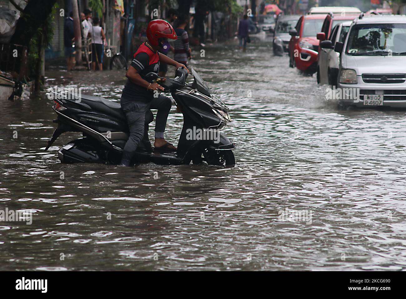 A flooded street at the Heavy monsoon rains in Kolkata on June 17,2021 ...