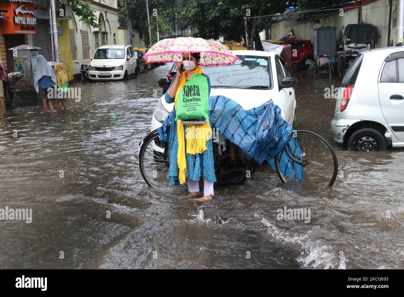 A flooded street at the Heavy monsoon rains in Kolkata on June 17,2021 ...