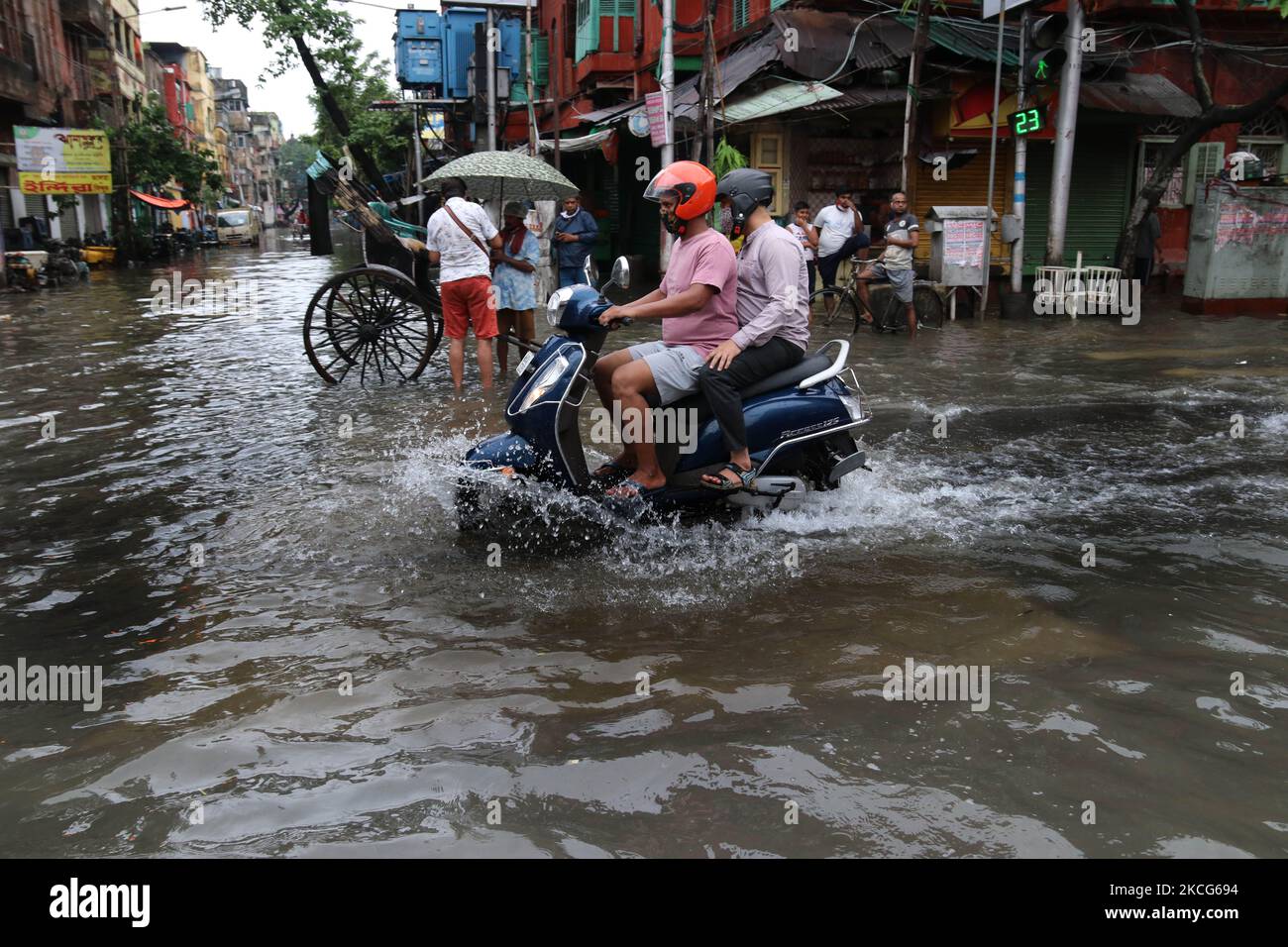 A flooded street at the Heavy monsoon rains in Kolkata on June 17,2021 ...