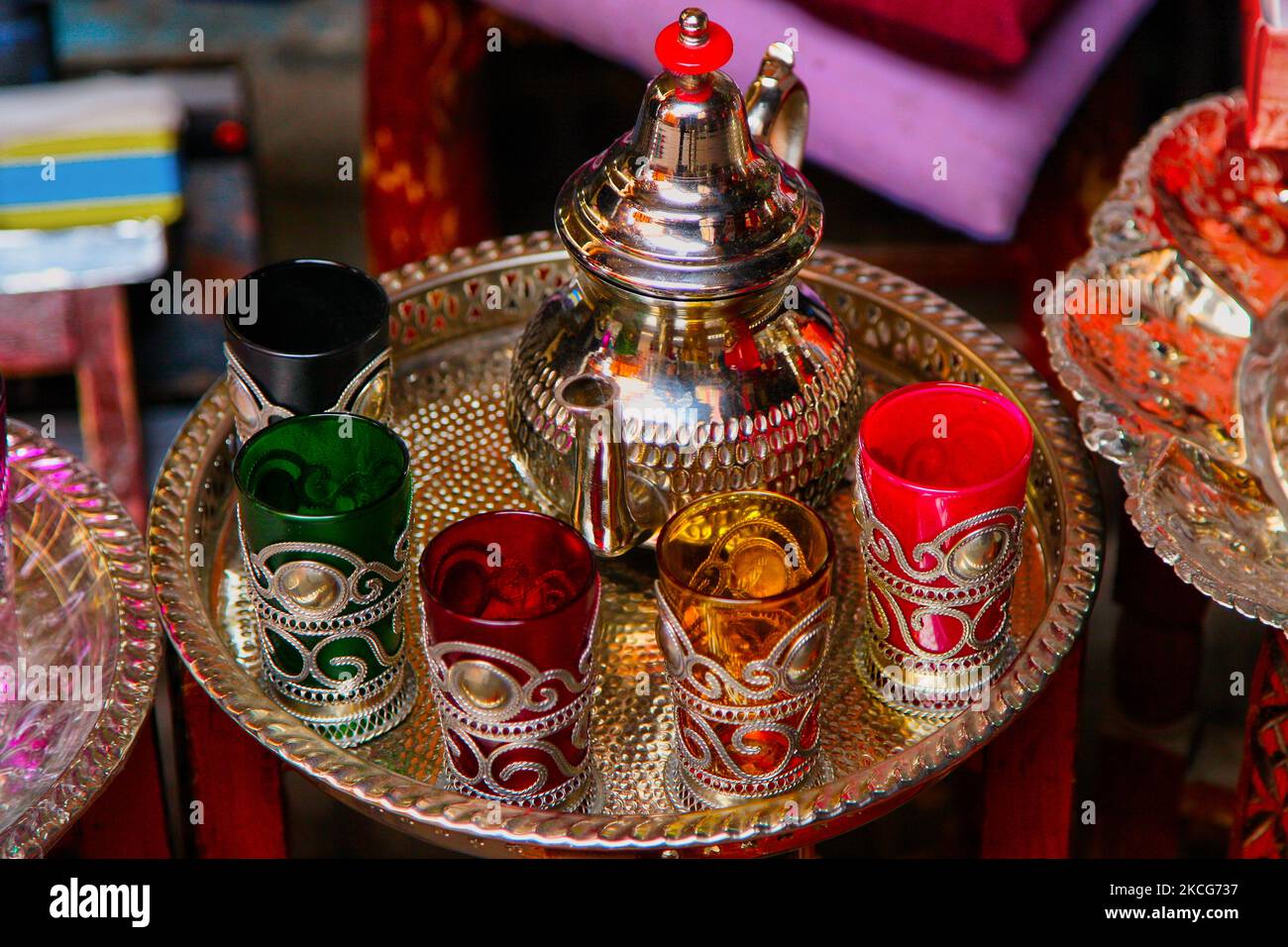 Traditional tea set displayed at a shop in the medina (old city) of ...