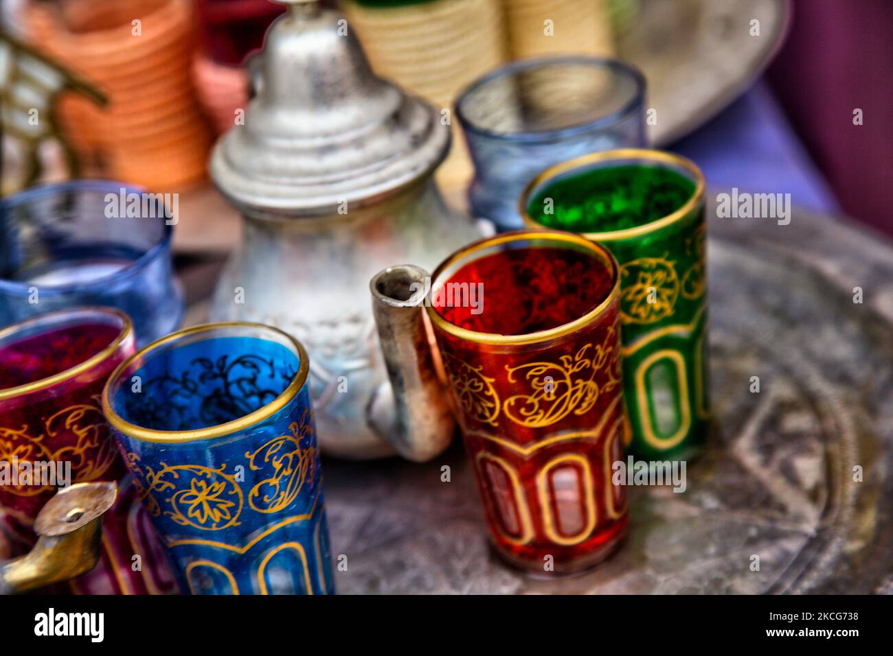Traditional tea set displayed at a shop in the medina (old city) of ...