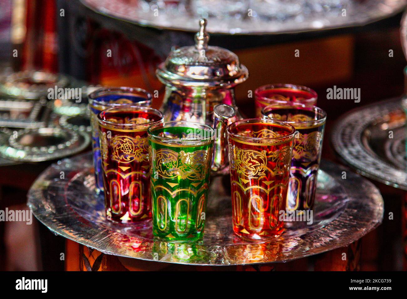 Traditional tea set displayed at a shop in the medina (old city) of ...