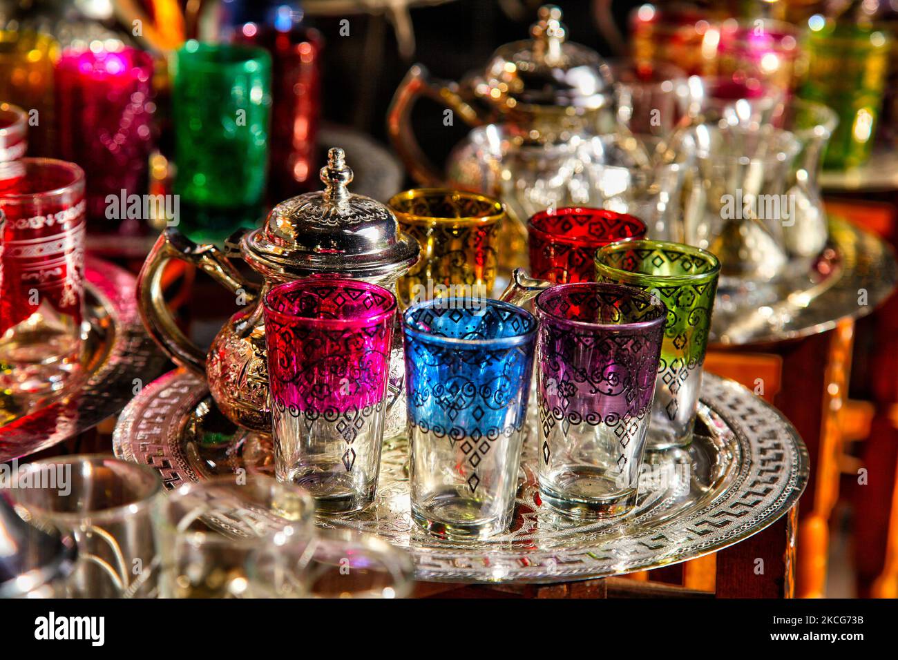 Traditional tea sets displayed at a shop in the medina (old city) of ...