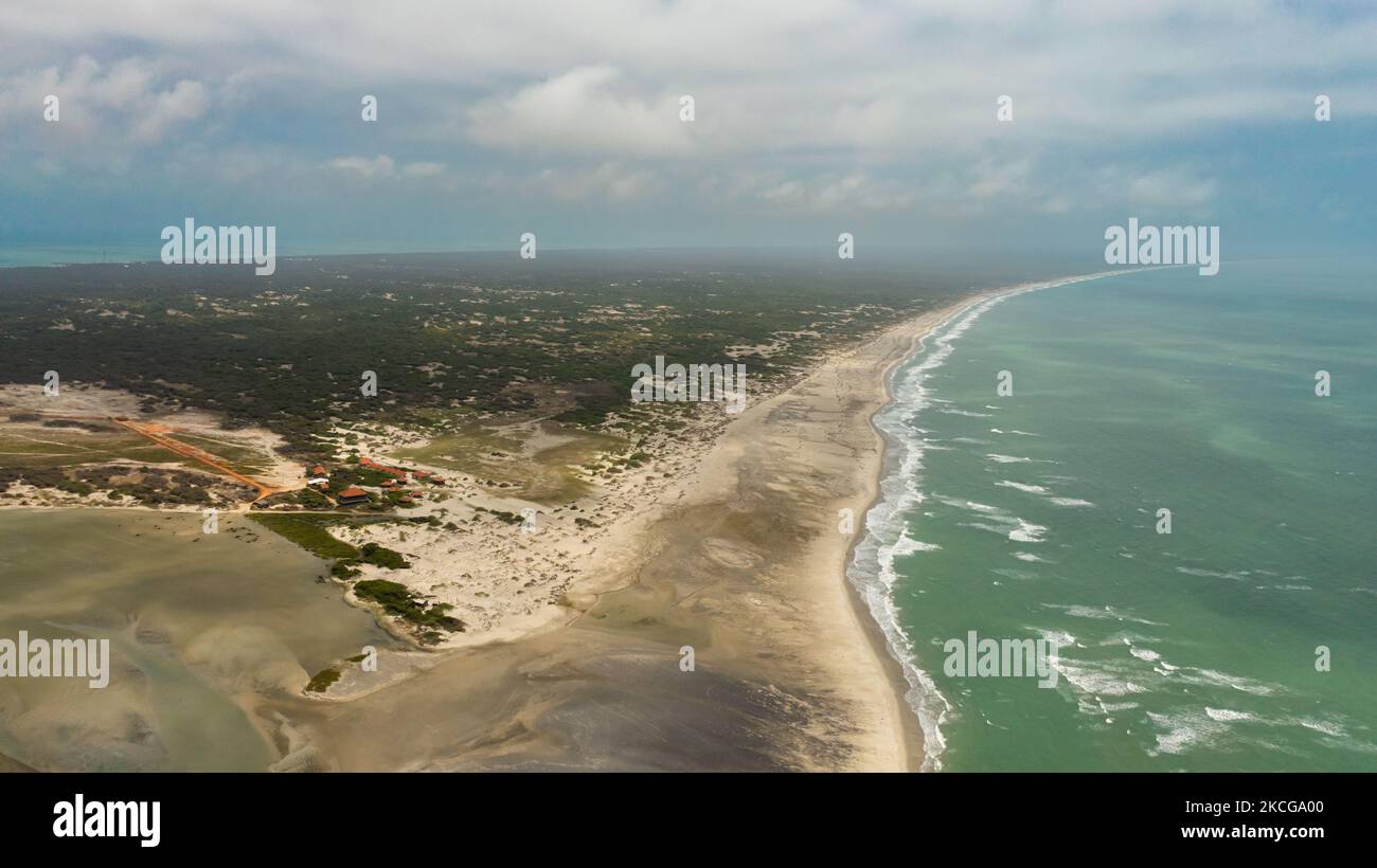 Top view of Adam's Bridge or Ram Setu is a chain of natural limestone ...