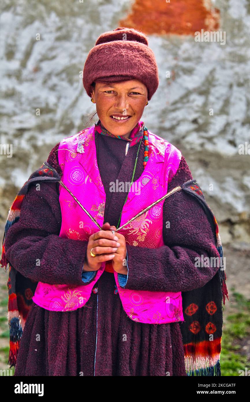 A young Ladakhi (Zanskari) woman wearing traditional clothing in a ...