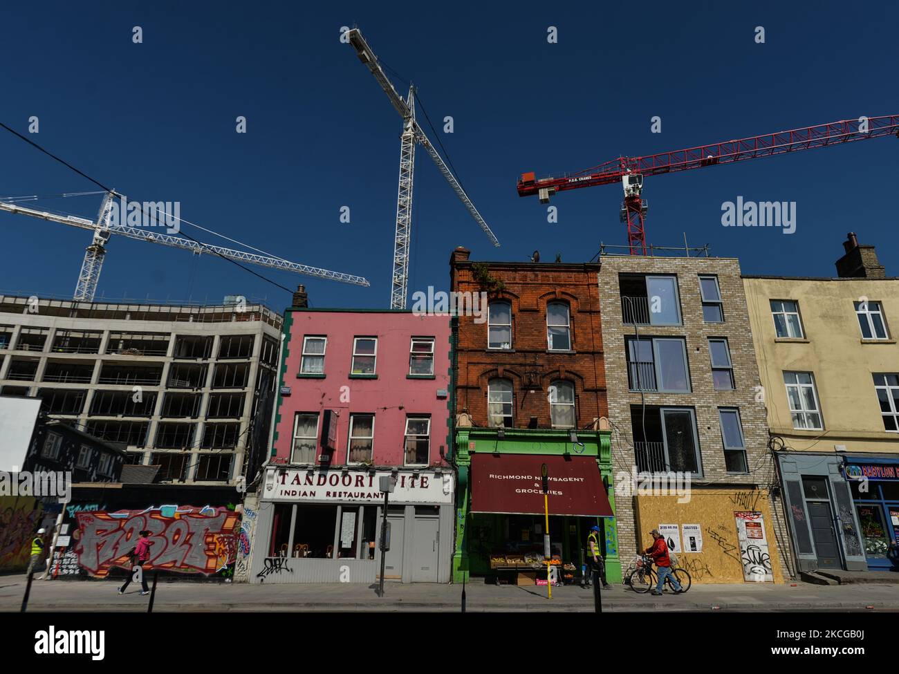 A view of construction cranes over a construction site in Dublin 2 area ...