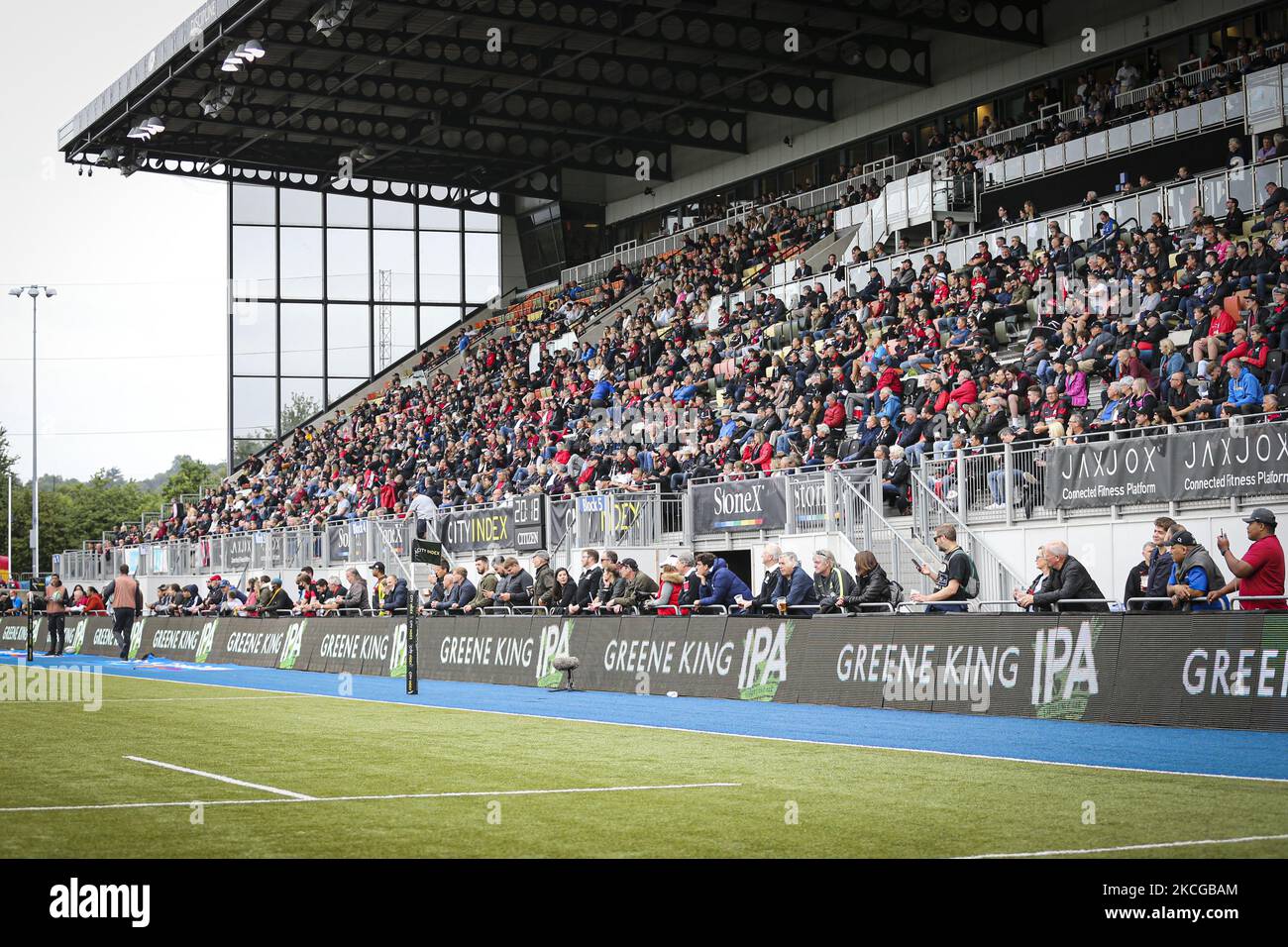 a capacity crowd is seen in the stand during the Greene King IPA ...