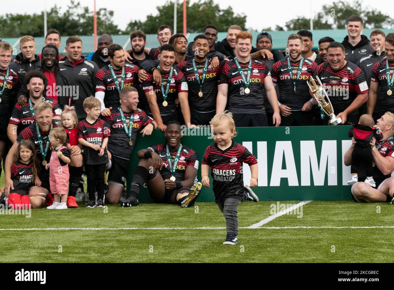 : Owen Farrell’s son runs during the trophy lifting after the Greene ...