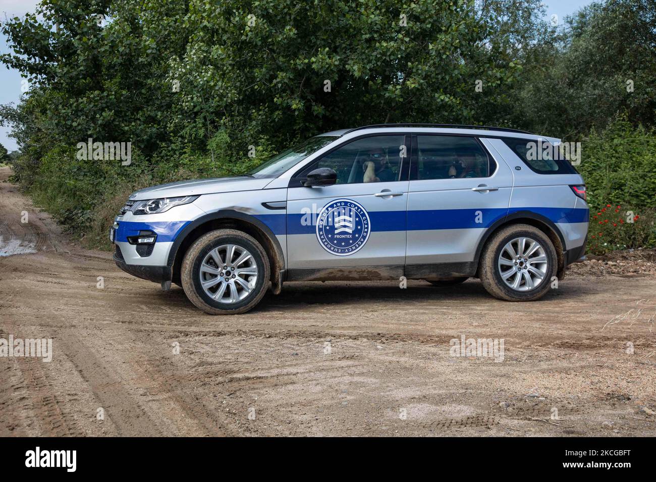 A Frontex vehicle patrols the Greek Turkish borders, in a military ...