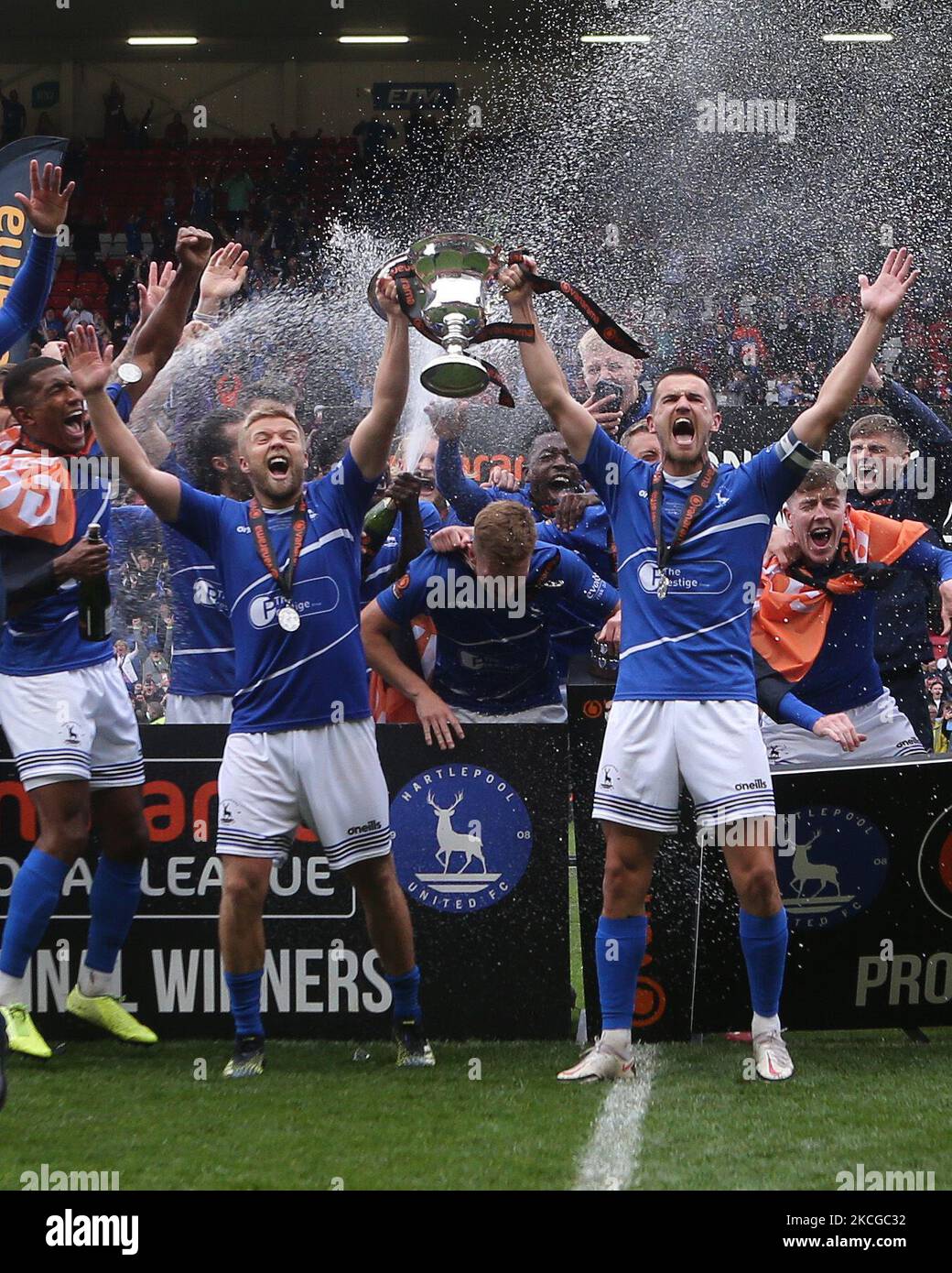 Hartlepool United celebrate with the trophy after winning the Vanarama ...