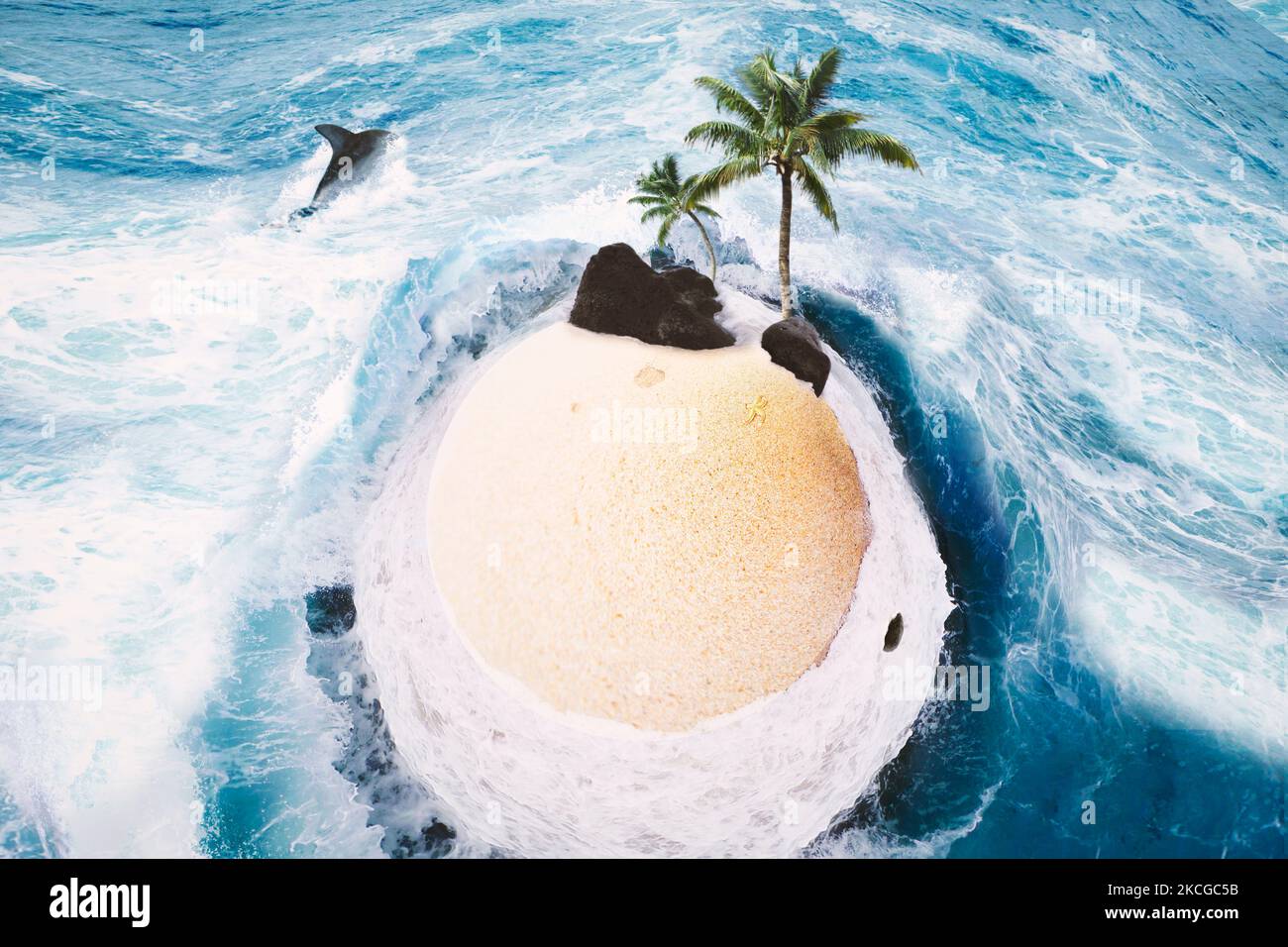 A summer vacation trip to an island with wavy cool seas and palm trees ...