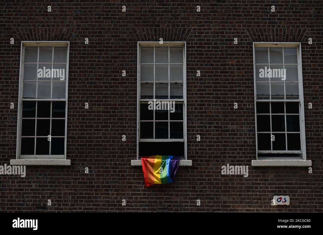 A rainbow flag seen in the window in Dublin city center. On Tuesday, 22 ...