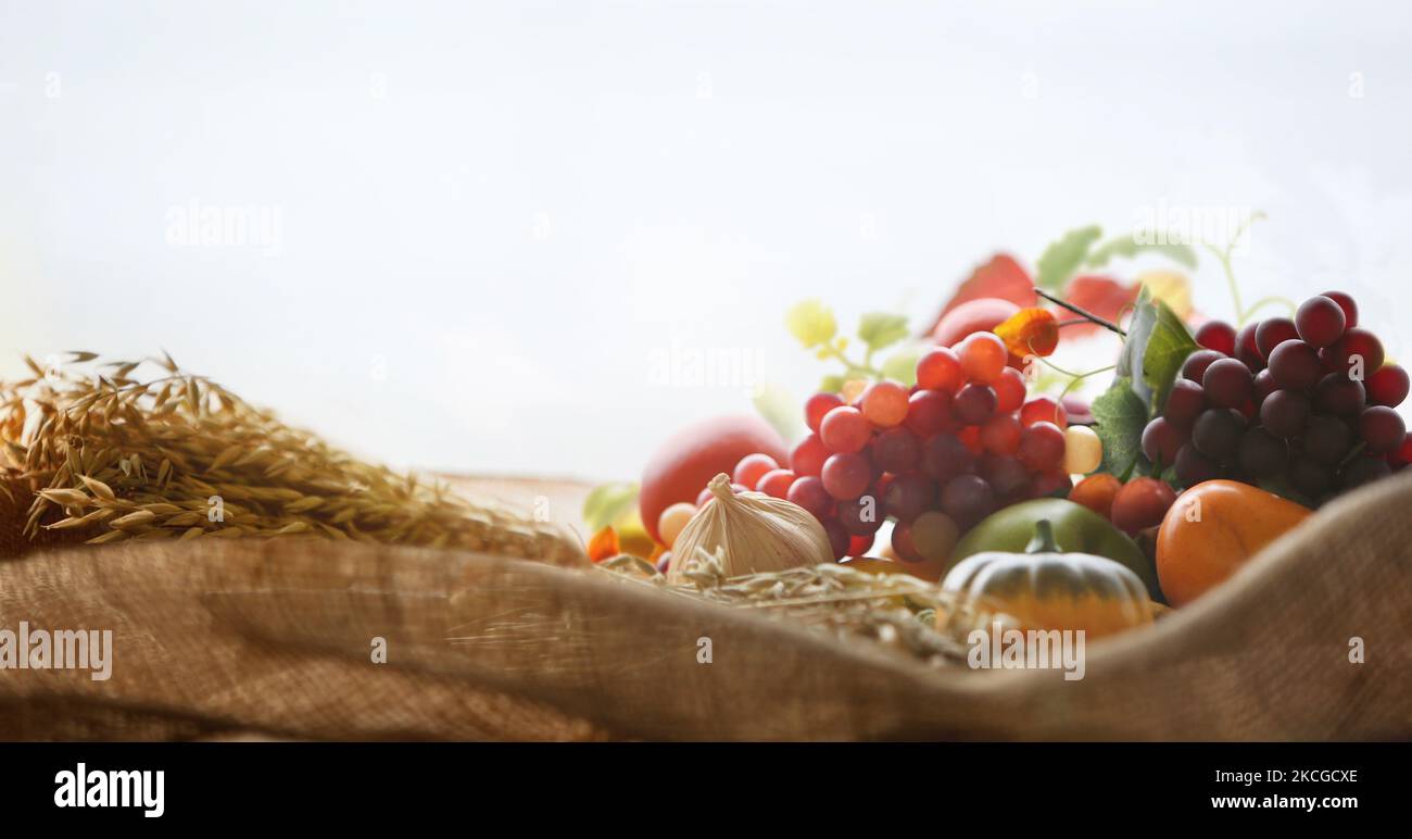 Church thanksgiving decoration and background with fruits and grains ...